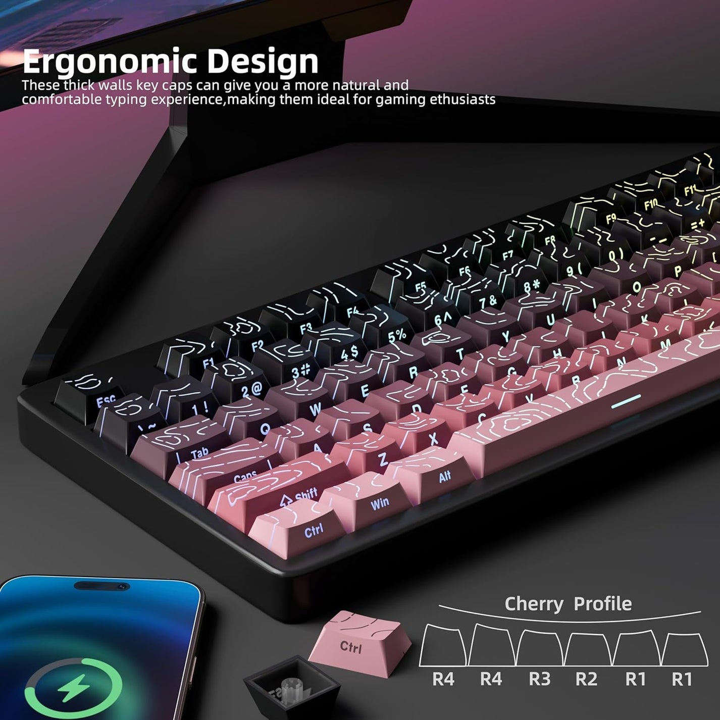 Topographic Black Pink Line Crack Side Backlit PBT Keycaps – CuriosityCaps